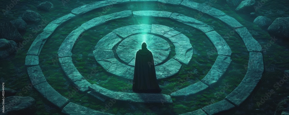 Enigmatic sorcerer summoning a spirit in a circle of ancient stones ...
