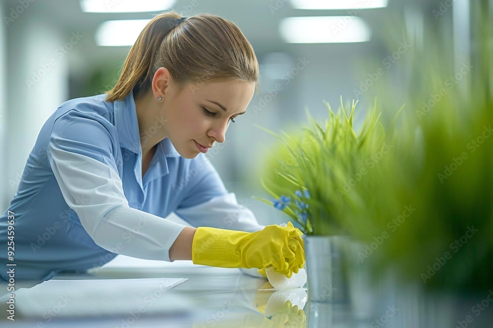 Janitor Cleaning Office Desk: A woman janitor diligently wipes down a ...