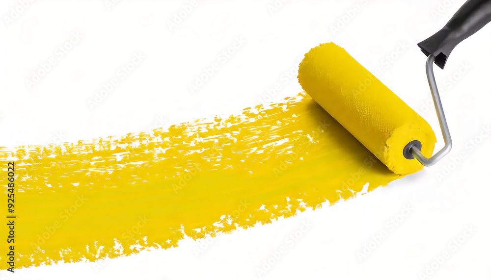 Roller brush with long yellow paint track stroke isolated on white ...