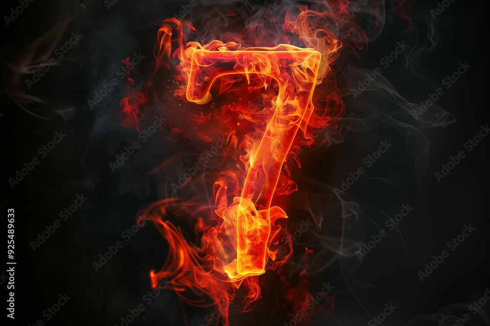 Burning number 7, seven on fire, hot red flames and smokes on black ...