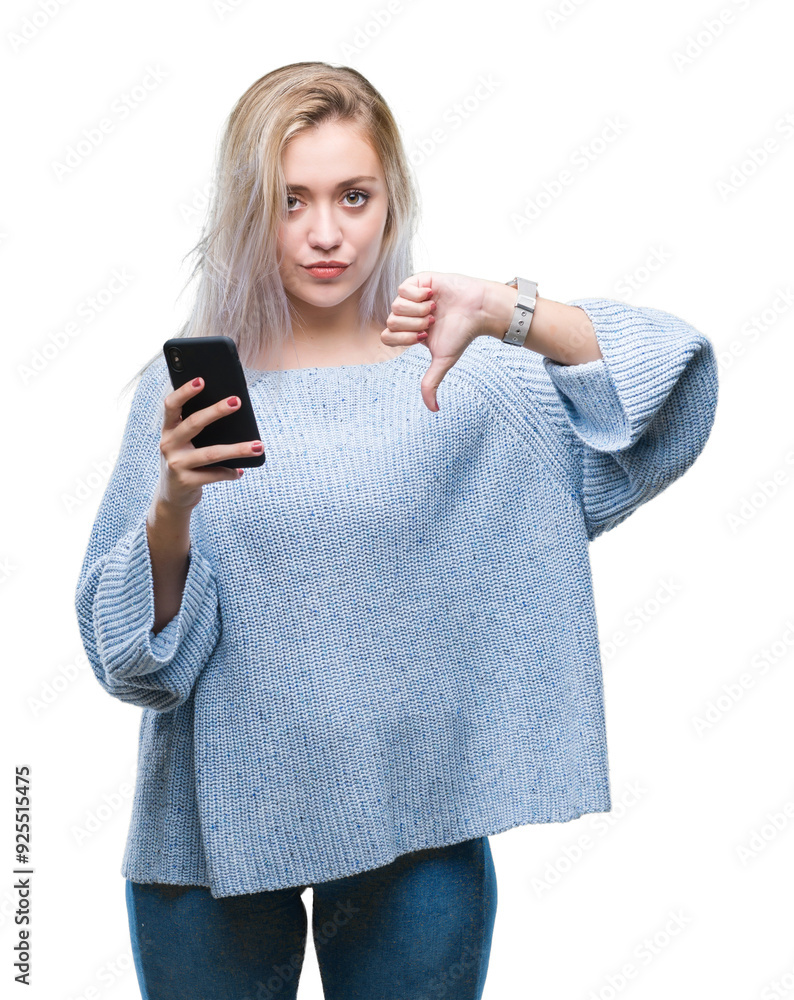 Young blonde woman texting sending message using smartphone over ...