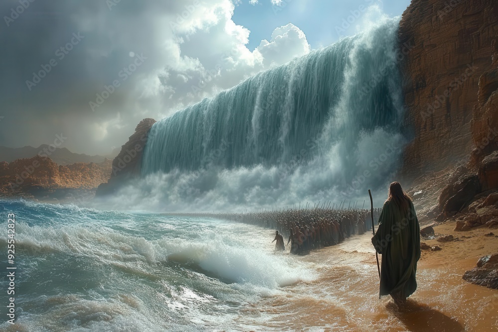 dramatic red sea parting towering walls of water multitude crossing on ...