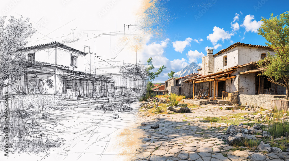 Architectural blueprint transitioning to a modern Mexican village ...