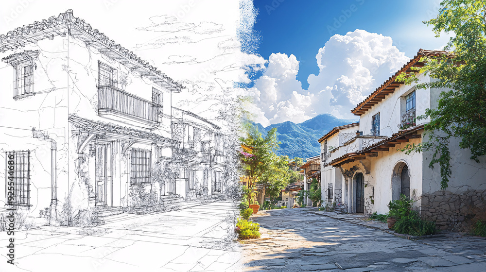 Architectural blueprint transitioning to a modern Mexican village ...