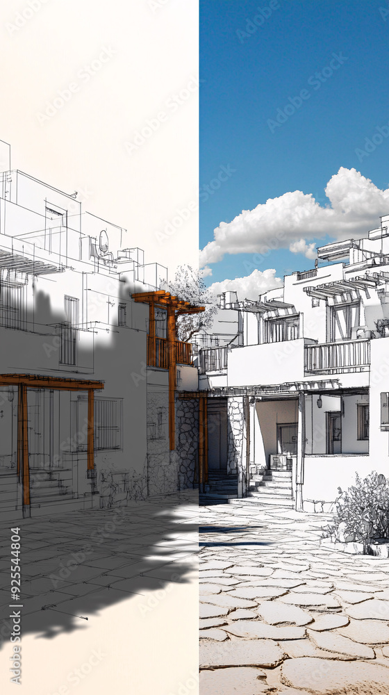 Ilustração Architectural blueprint transitioning to a modern Mexican ...