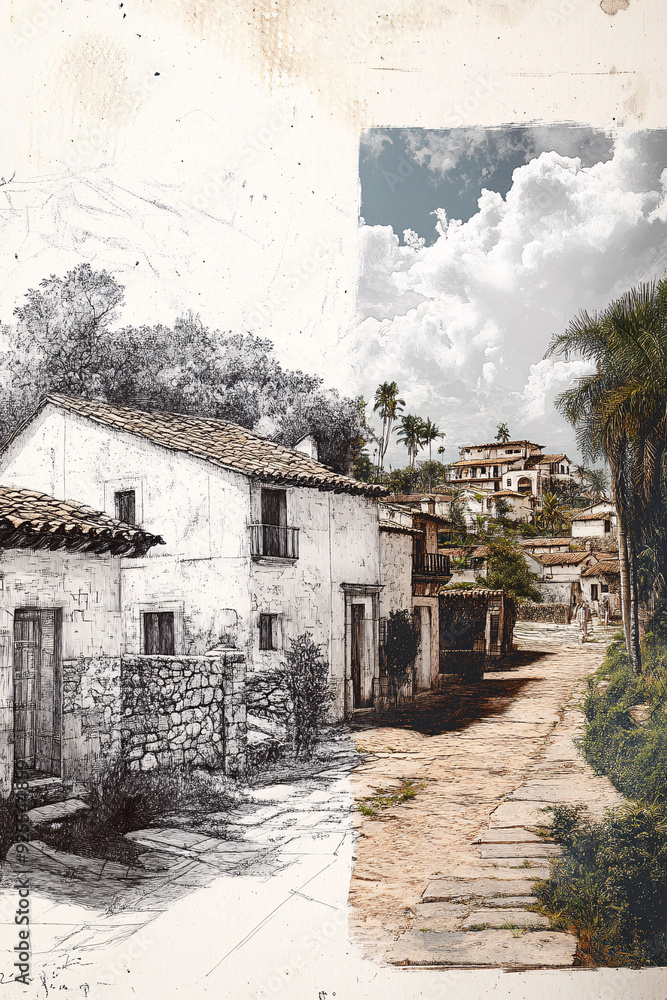 Architectural blueprint transitioning to a modern Mexican village ...