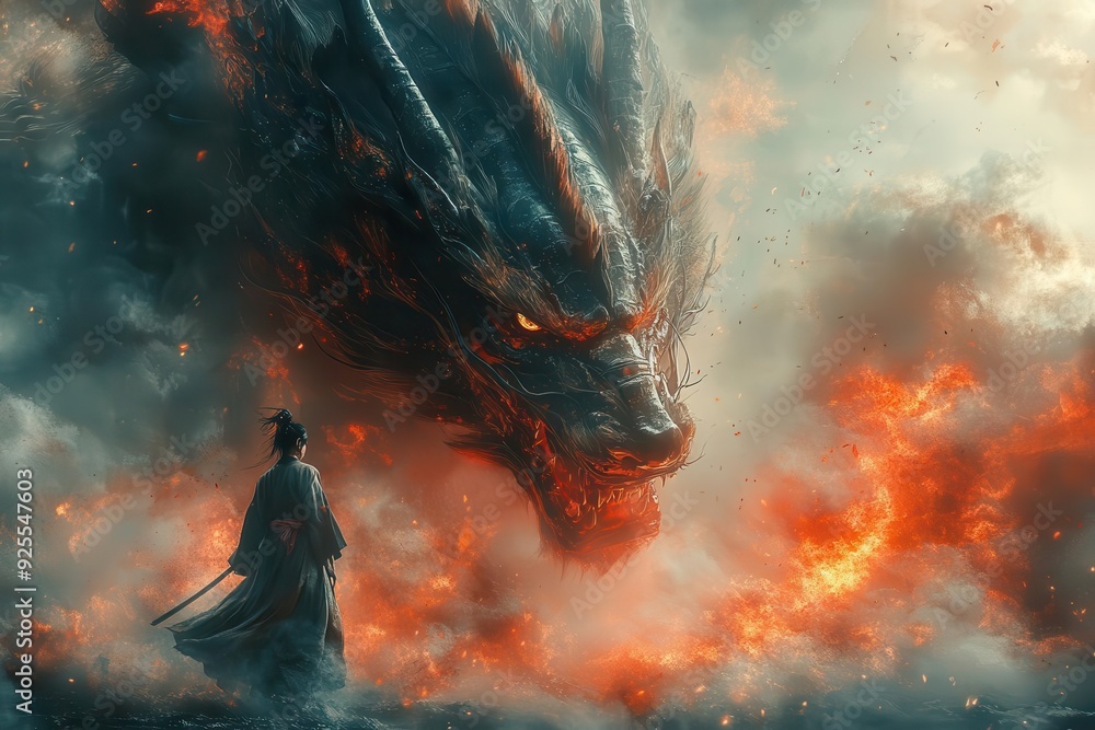 epic battle scene of a valiant samurai facing a fearsome dragon dynamic ...