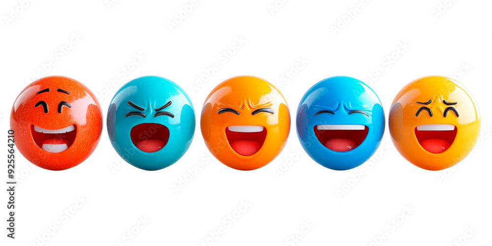 Six yellow emoticon spheres expressing different emotions on a white ...