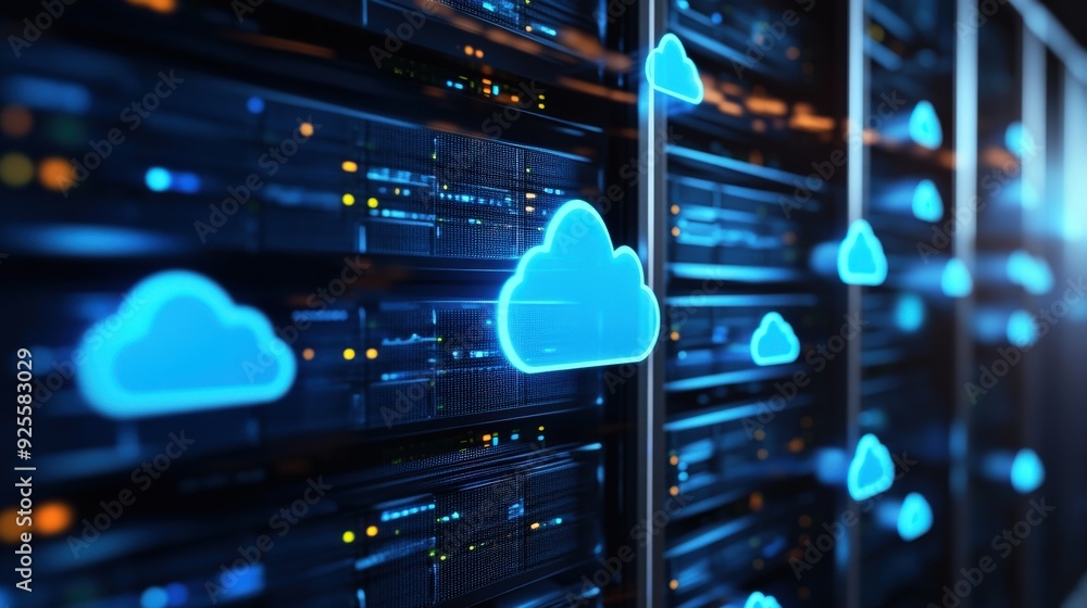 A modern data center with glowing cloud icons on the server racks ...