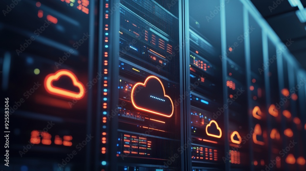 A modern data center with glowing cloud icons on the server racks ...