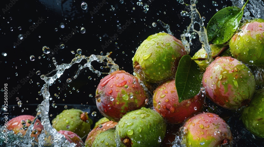 Guava Splashdown: Ripe Guavas glisten under a cascade of refreshing ...