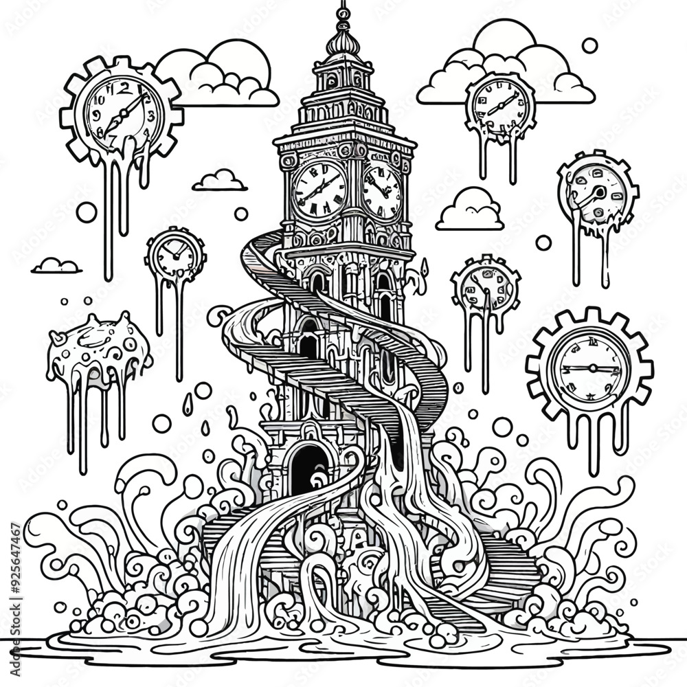 A clock tower with melting clocks, floating gears, and twisting ...