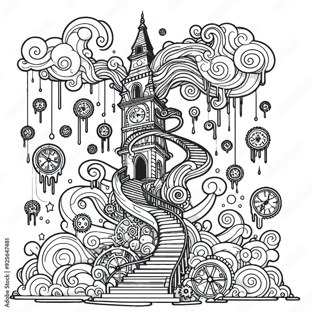 A clock tower with melting clocks, floating gears, and twisting ...