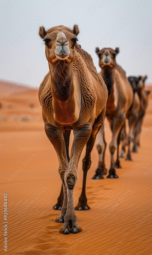 Expedition across the desert - majestic camel caravan with laden packs ...