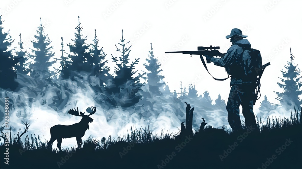 Dramatic silhouette of a hunter with a shotgun rifle tracking a moose ...