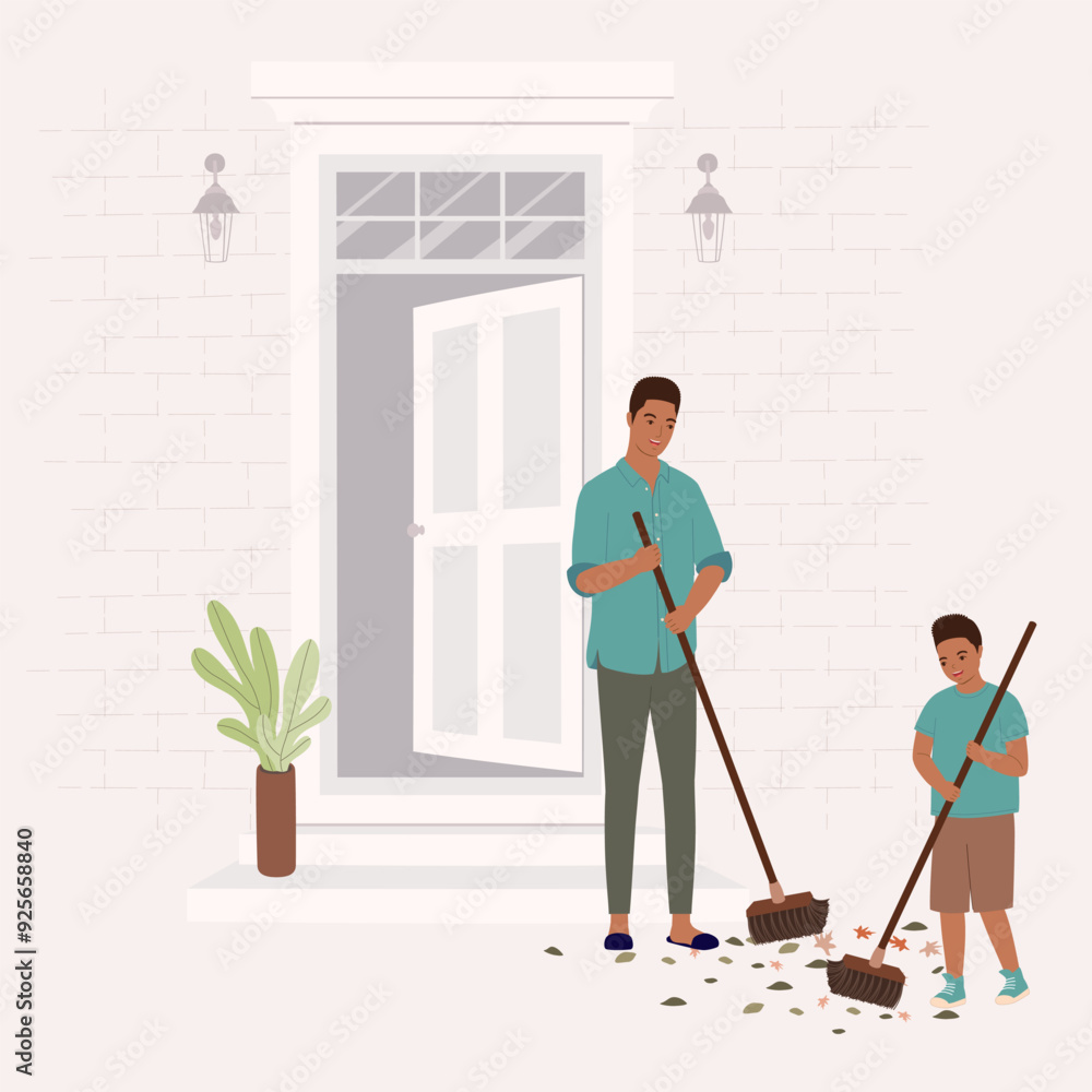 Happy Black Little Son With Broom Helping His Father To Sweep Leaves At ...