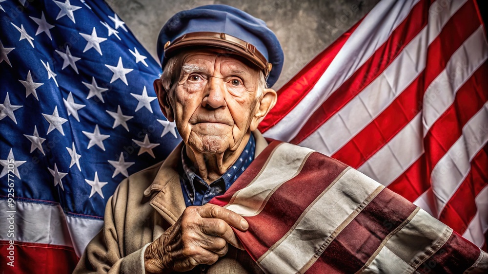 Elderly retired military veteran, dressed in patriotic attire, proudly ...