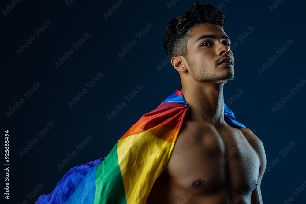 Latin gay man in lgbt flag, queer male with rainbow colors, lgbtq pride ...