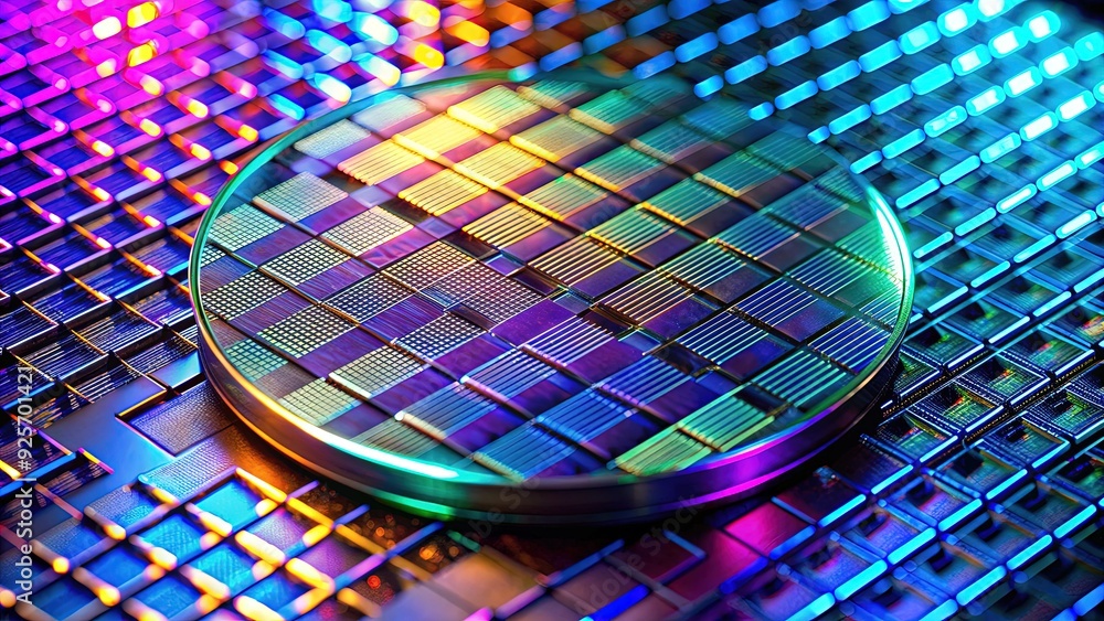 Microscopic view of a silicon wafer during photolithography process, with ultraviolet light ...