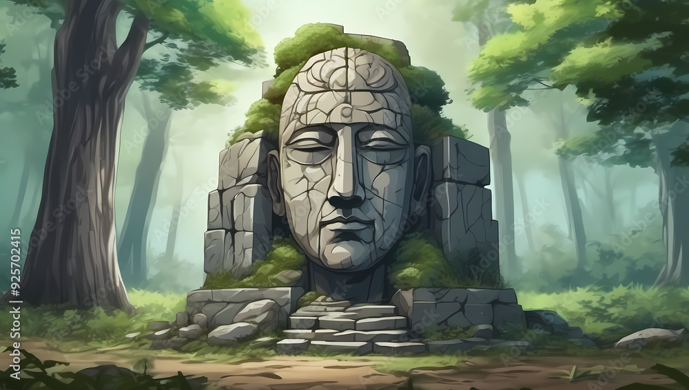 anime mysterious ancient stone head monument in a mystical forest ...