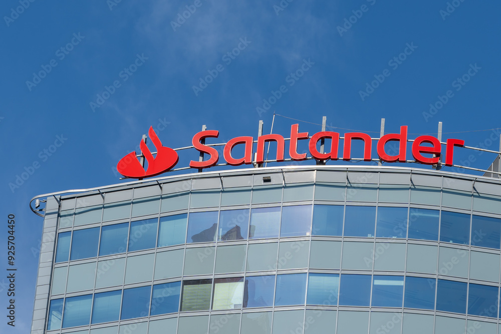 Warsaw, Poland - July 27, 2024: Close up of Santander Bank logo and ...