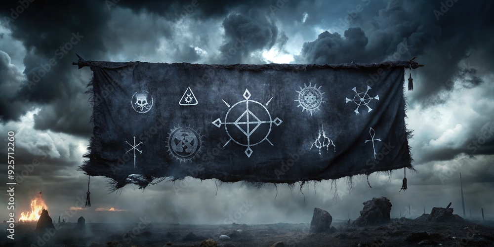 Ominous black banner with torn edges and mysterious symbols hangs ...