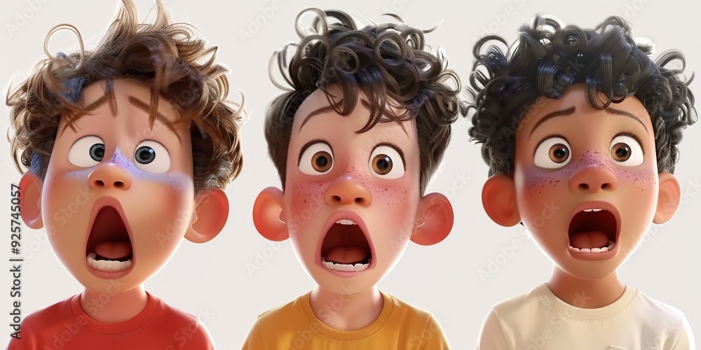 Three cute little boys with different hairstyles, their mouths all open ...