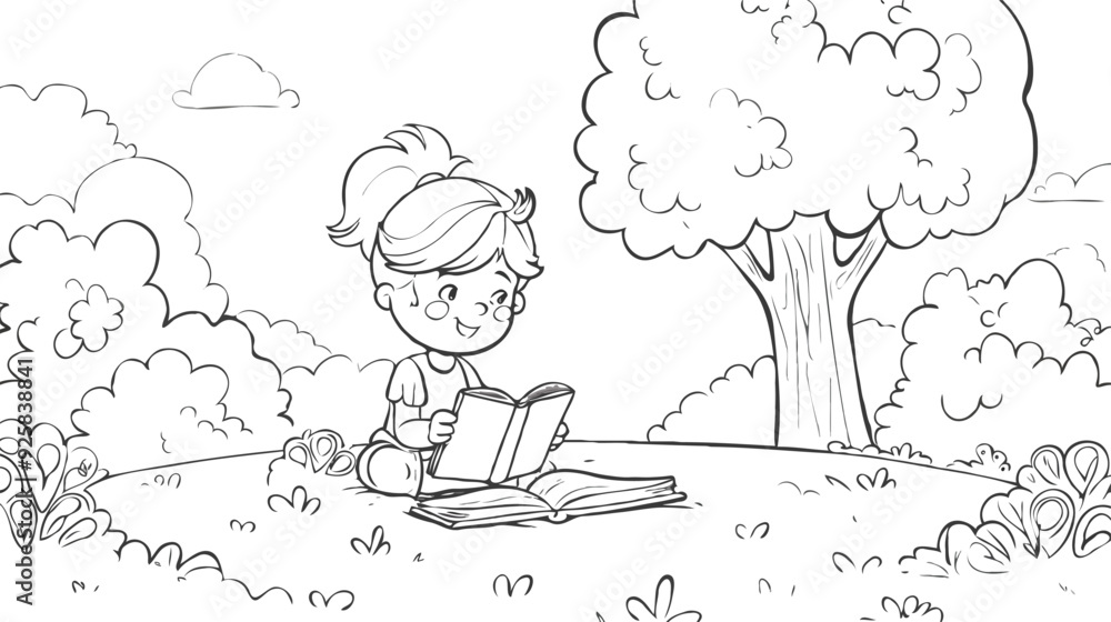 coloring page simple drawing of cartoon character reading a book in ...