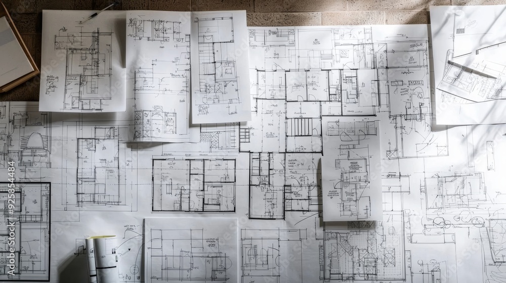 A planning board completely covered with architectural blueprints ...