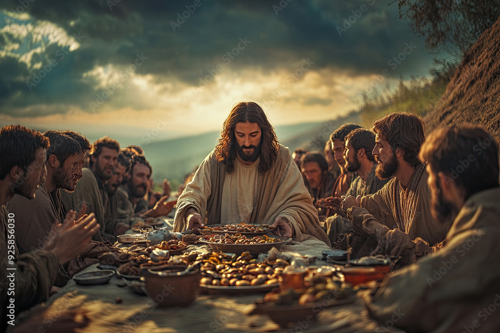 Jesus feeding five thousand, Bible story illustration, Biblical ...