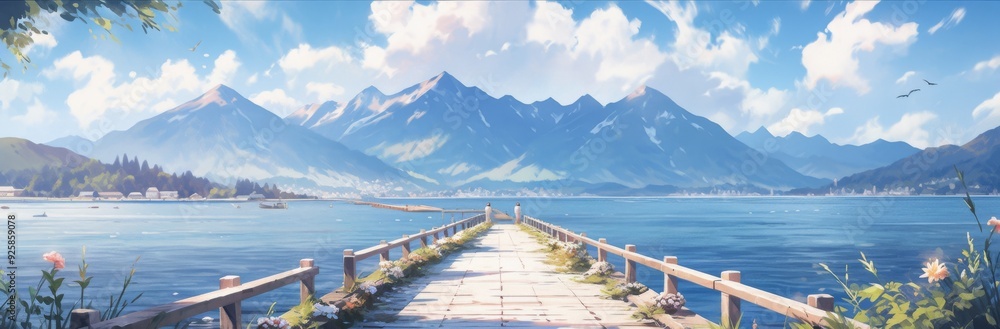 Lakeside Promenade with a Stunning Mountain View: An Anime-Style ...