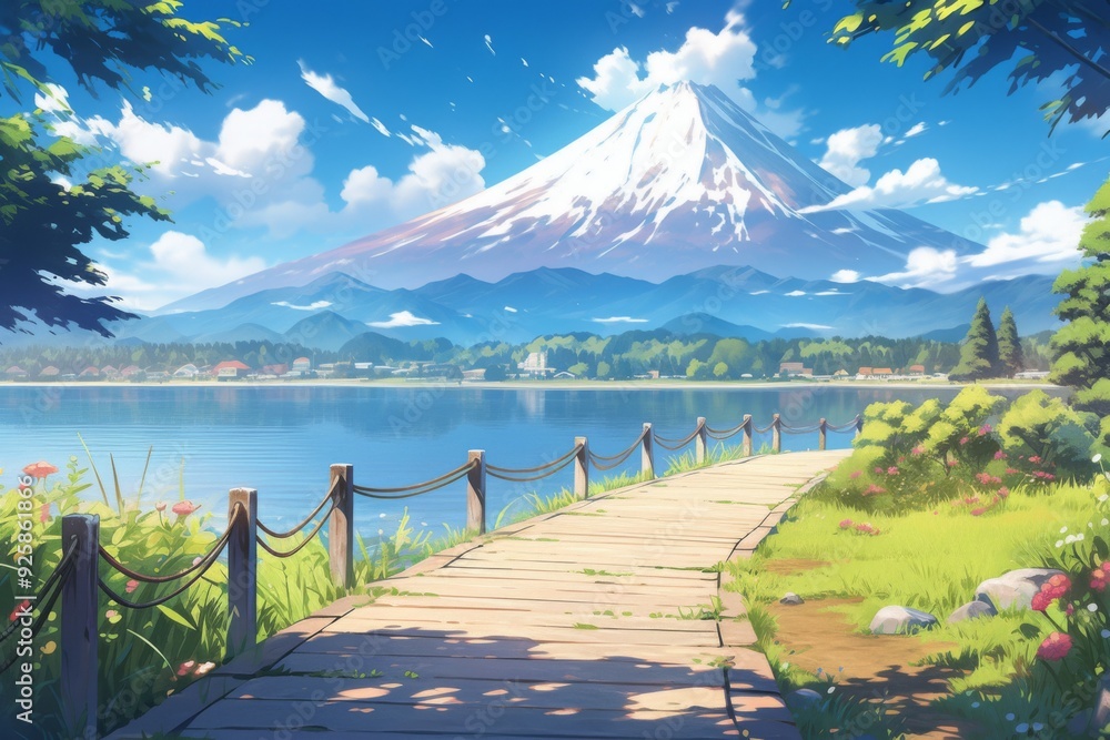 Lakeside Promenade with a Stunning Mountain View: An Anime-Style ...