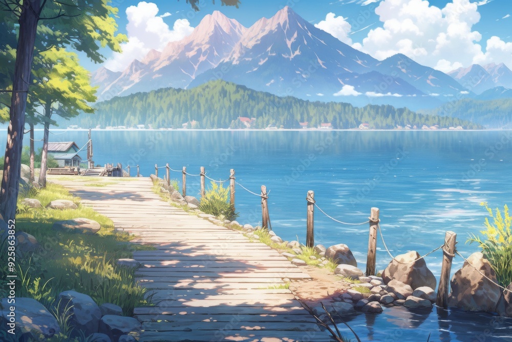 Lakeside Promenade with a Stunning Mountain View: An Anime-Style ...
