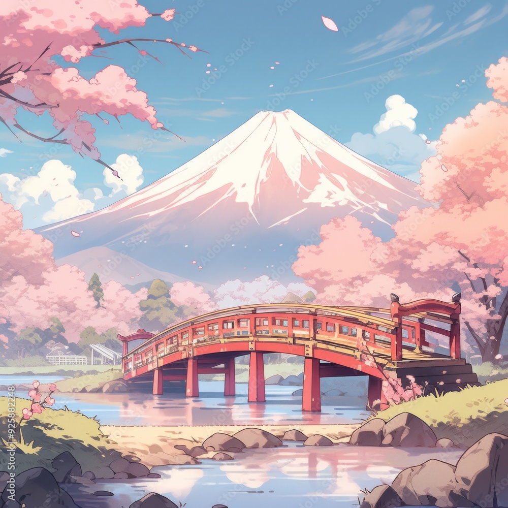 Medieval-Inspired Timeless Illustration of Mount Fuji with a Bridge and ...