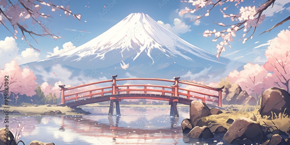 Medieval-Inspired Timeless Illustration of Mount Fuji with a Bridge and ...