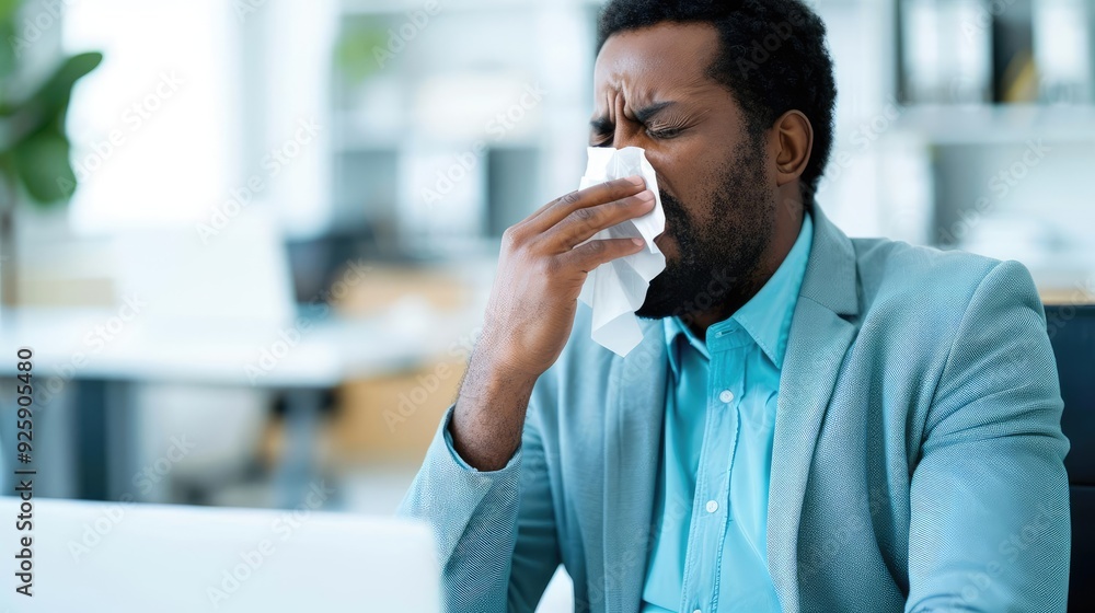 Office worker at their desk, coughing into a tissue, hand on their ...