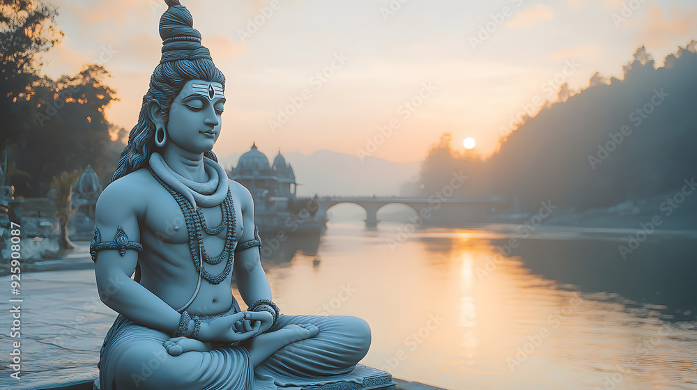 Lord Shiva hindu god statue during beautiful sunrise with ganga river background hinduism ...