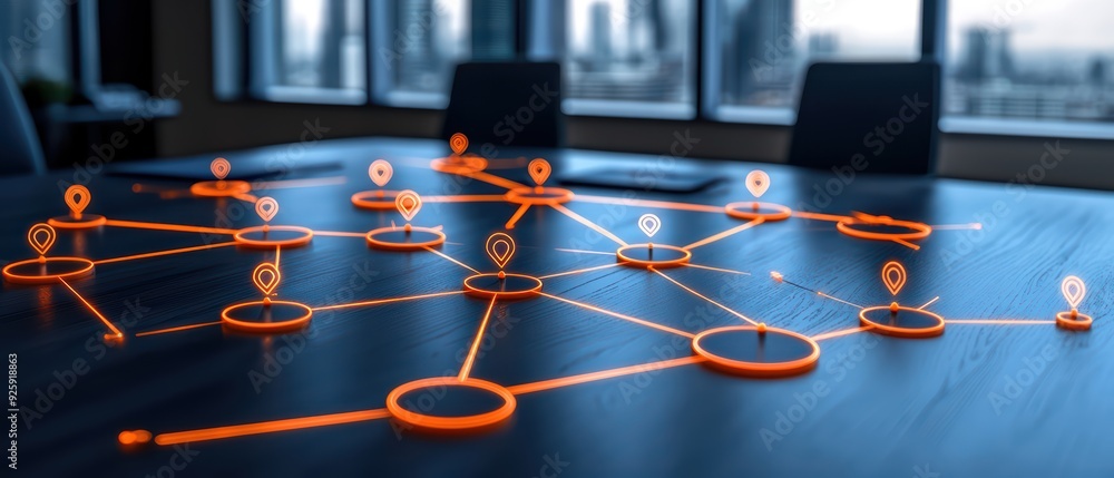 A digital network layout on a conference table, showcasing nodes and ...