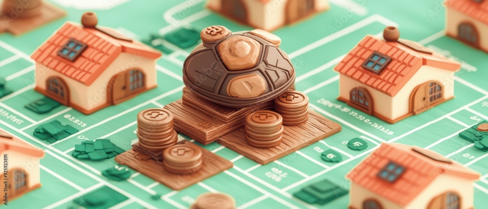 Colorful board game scene featuring houses and a central wealth element ...