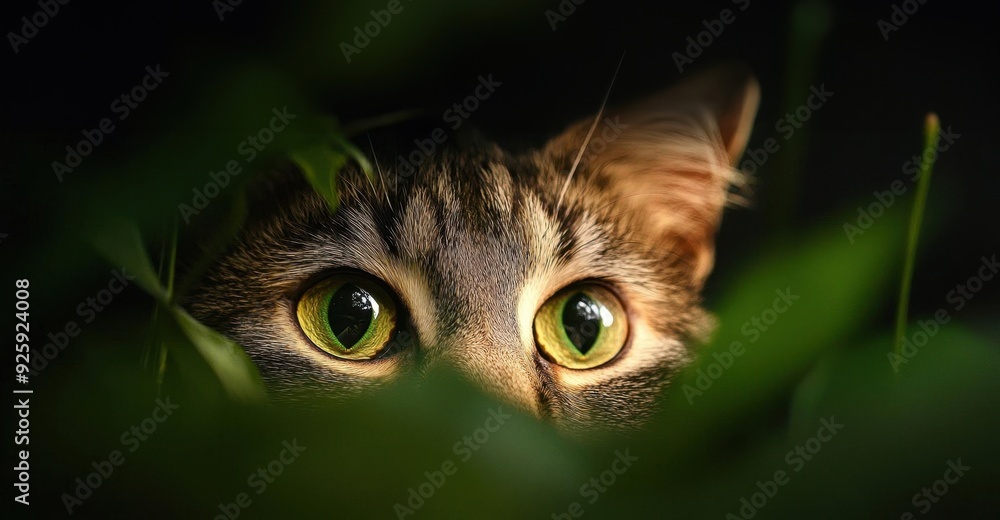 Cat eyes in the shadows of an overgrown jungle, highlighting the ...