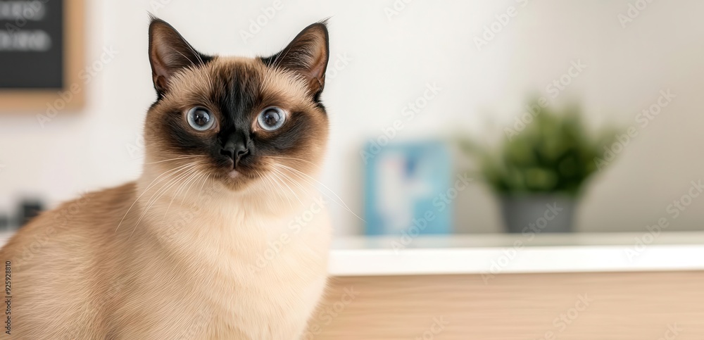 Veterinary clinic interior, a cat exploring the reception area, neutral ...