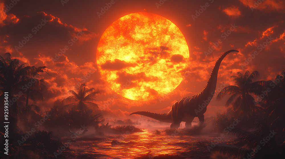 Dinosaur silhouettes, shadow scene of jurassic prehistoric landscape ...
