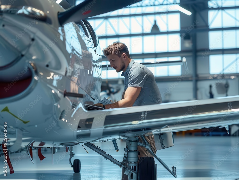 Aircraft mechanic working on small plane in hangar. Aviation ...