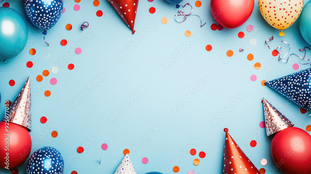 blue birthday background border with balloons, confetti, party hats ...
