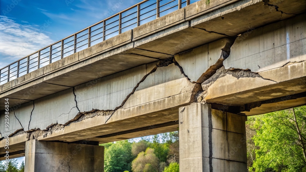 Cracked concrete bridge support with visible signs of damage , damaged, structure ...