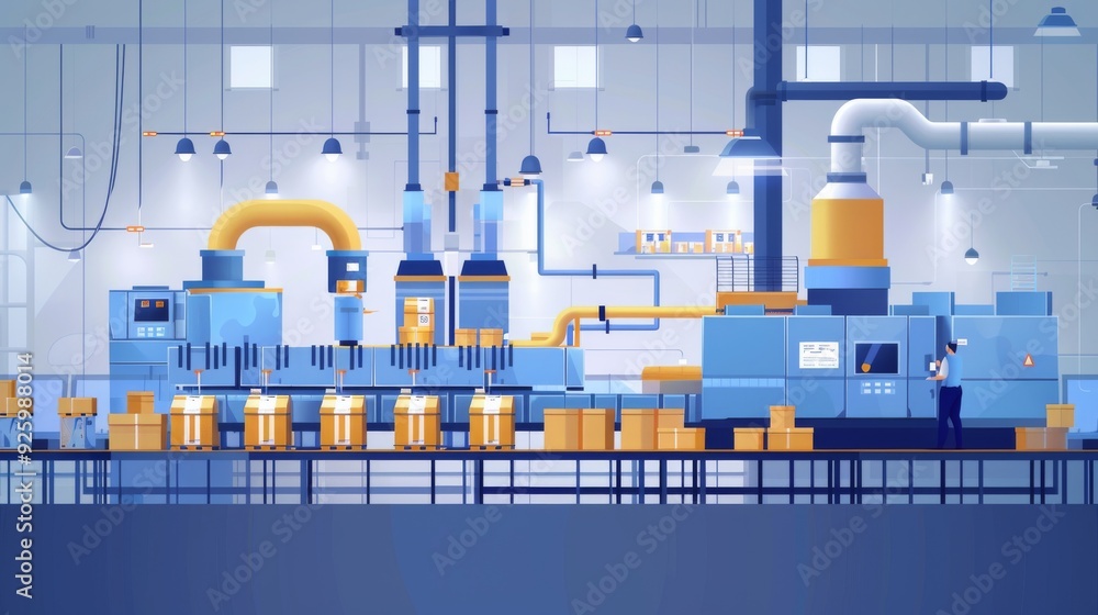 Animated vector illustration of a production line with labeled steps ...