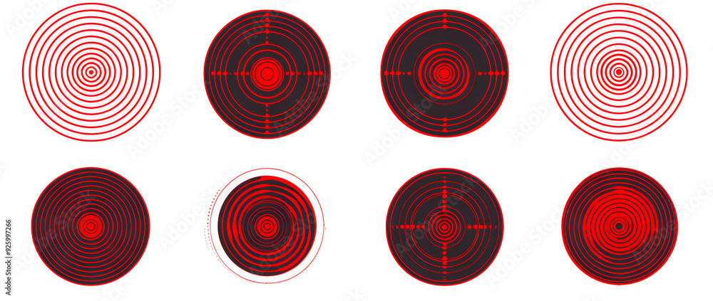 Red concentric circle set. Radial sonar or sound wave ring collection ...
