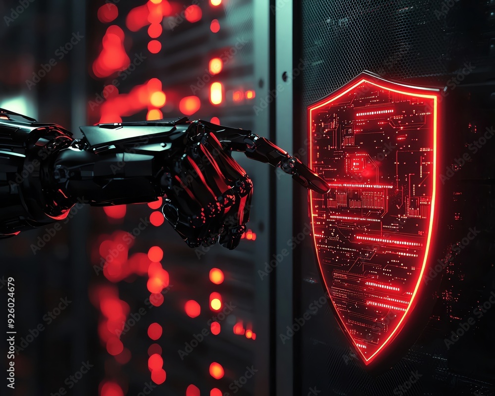 AI and Cyber security, hand of AI dark robot punch the modern red ...