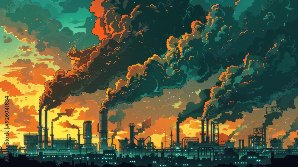 Vector cartoon of CO2 molecules dancing around a factory, illustrating ...