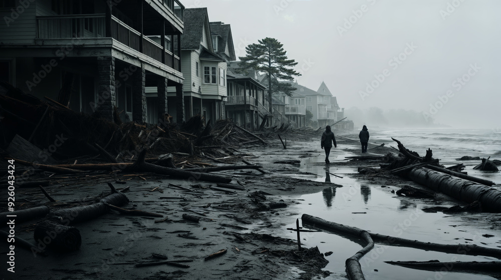 Devastated coastal town after powerful storm, two figures walk among ...